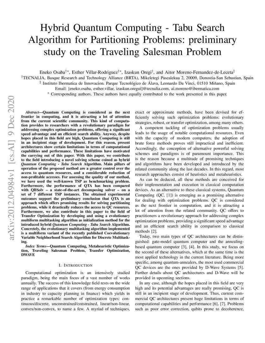 Hybrid Quantum Computing – Tabu Search Algorithm for Partitioning Problems: preliminary study on ...