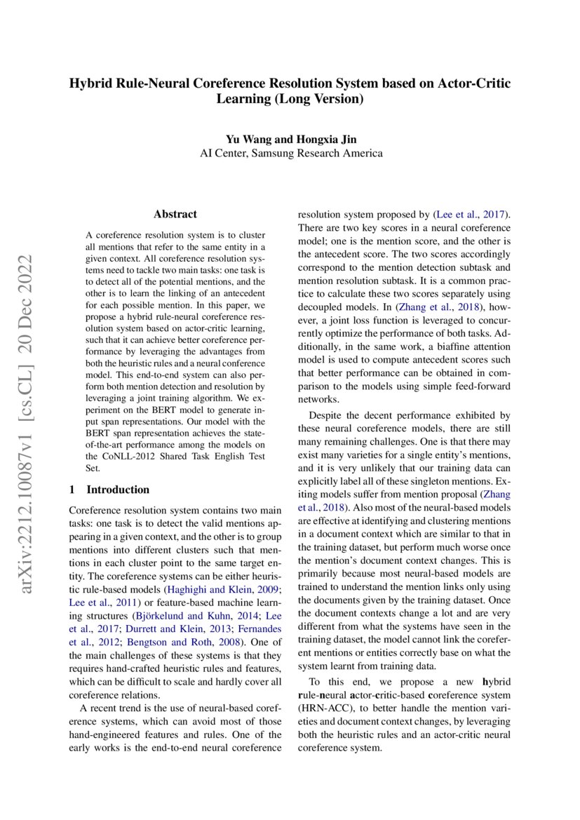 Hybrid Rule Neural Coreference Resolution System Based On Actor Critic