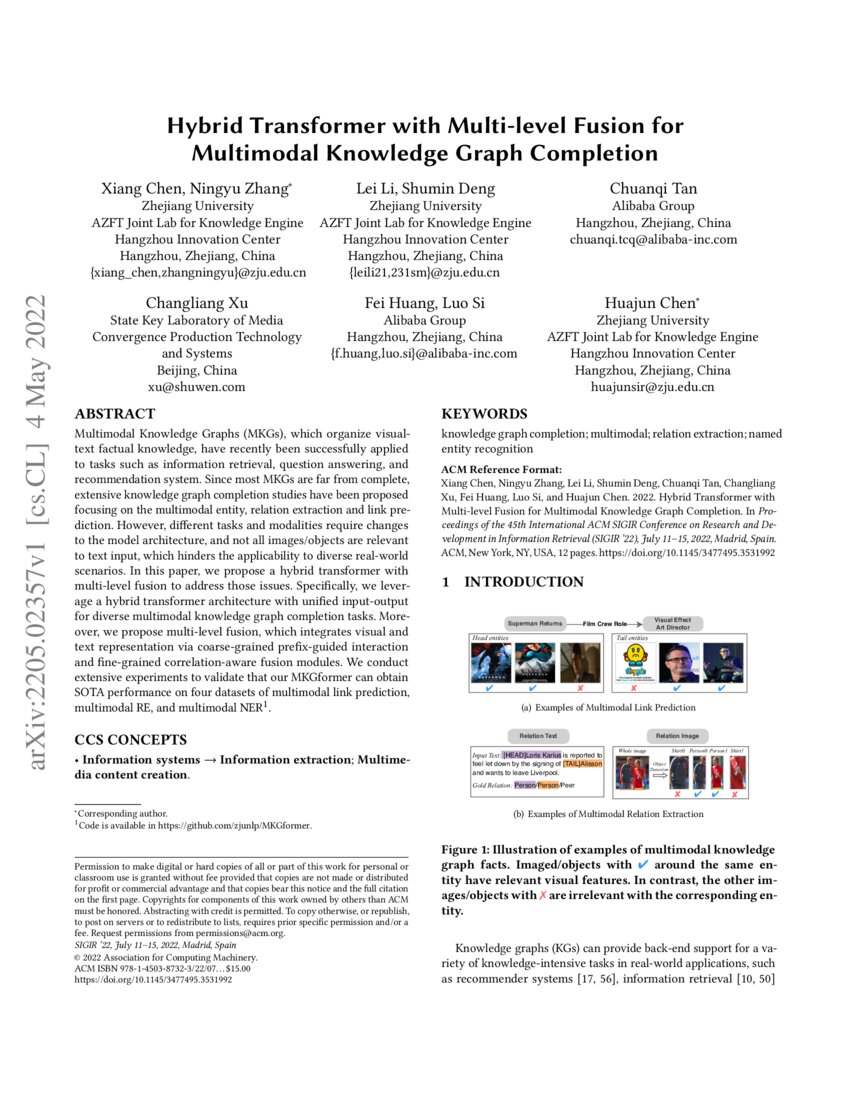 Hybrid Transformer with Multi-level Fusion for Multimodal Knowledge Graph Completion | DeepAI