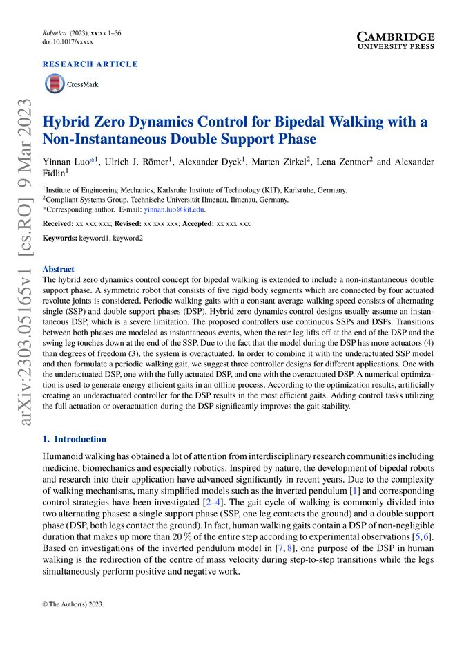 Hybrid Zero Dynamics Control for Bipedal Walking with a Non-Instantaneous Double Support Phase ...