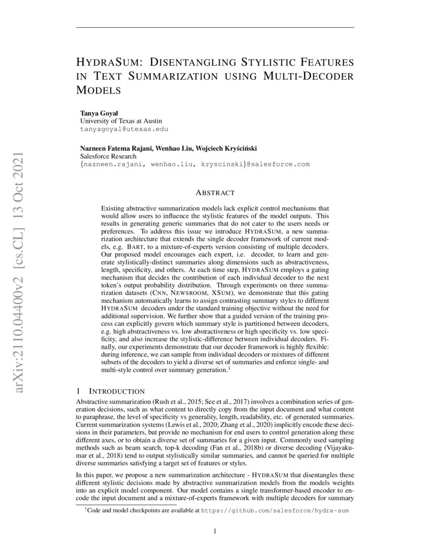 HydraSum Disentangling Stylistic Features In Text Summarization Using Multi Decoder Models hydrasum-disentangling-stylistic-features-in-text-summarization-using-multi-decoder-models