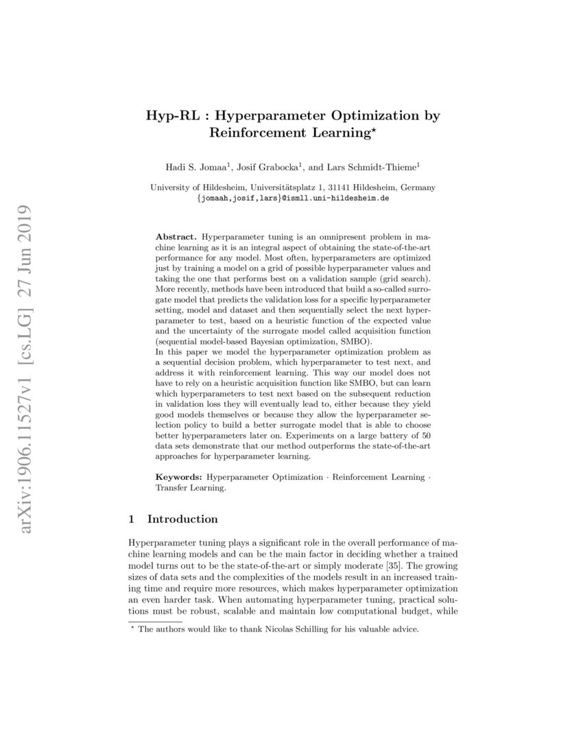 Hyp-RL : Hyperparameter Optimization by Reinforcement Learning | DeepAI