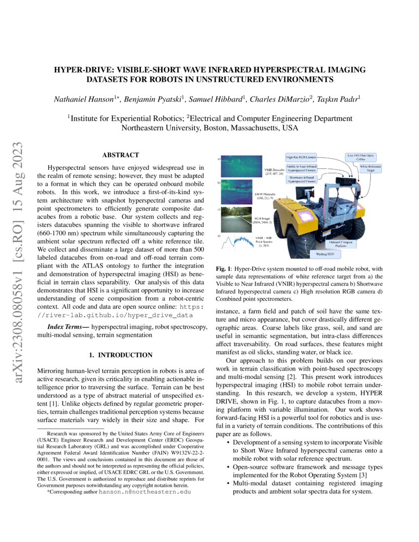 Hyper Drive Visible Short Wave Infrared Hyperspectral Imaging Datasets For Robots In