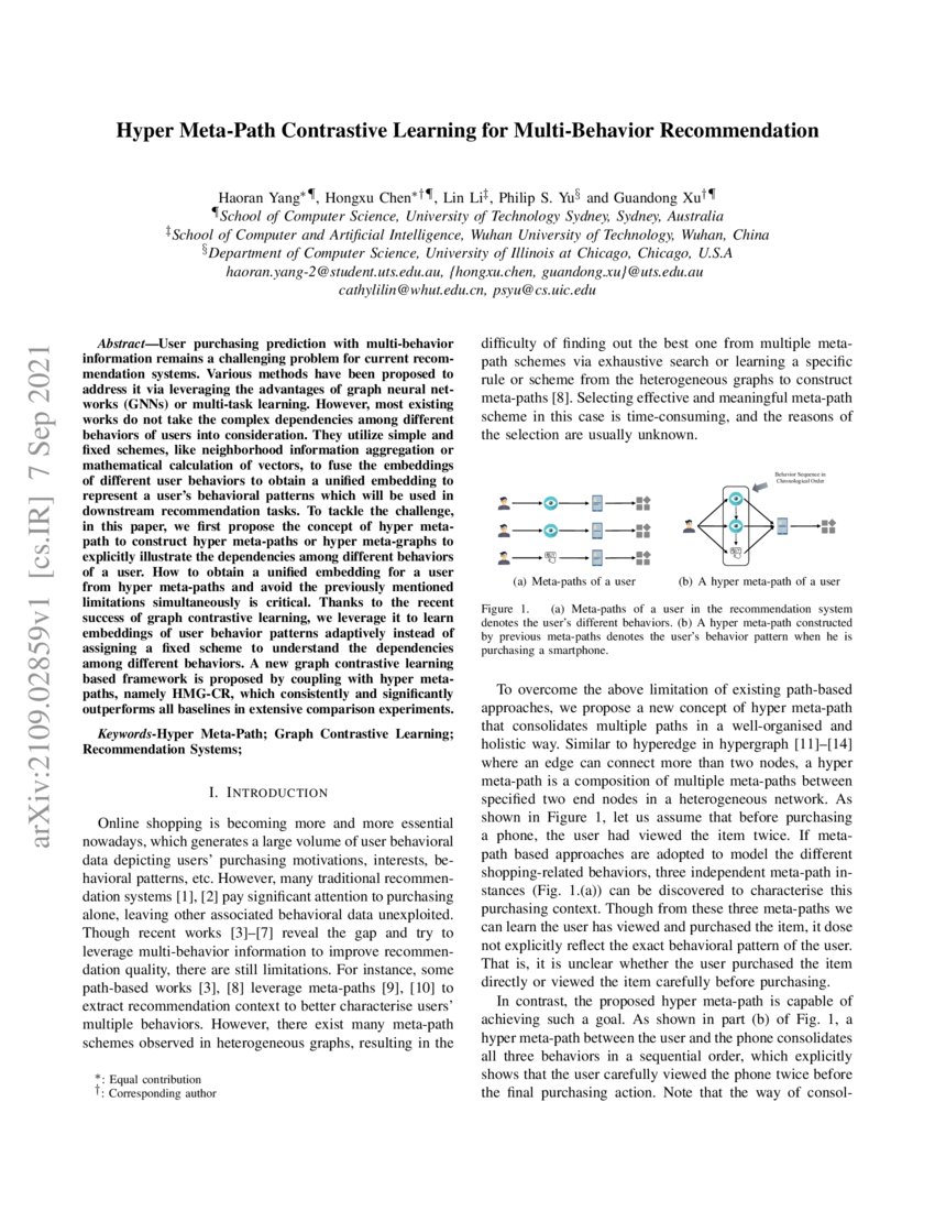 Hyper Meta-Path Contrastive Learning for Multi-Behavior Recommendation | DeepAI
