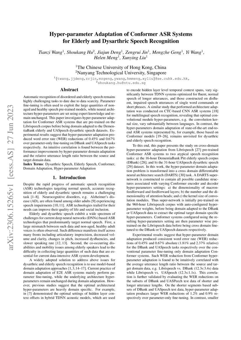 Hyper Parameter Adaptation Of Conformer Asr Systems For Elderly And Dysarthric Speech