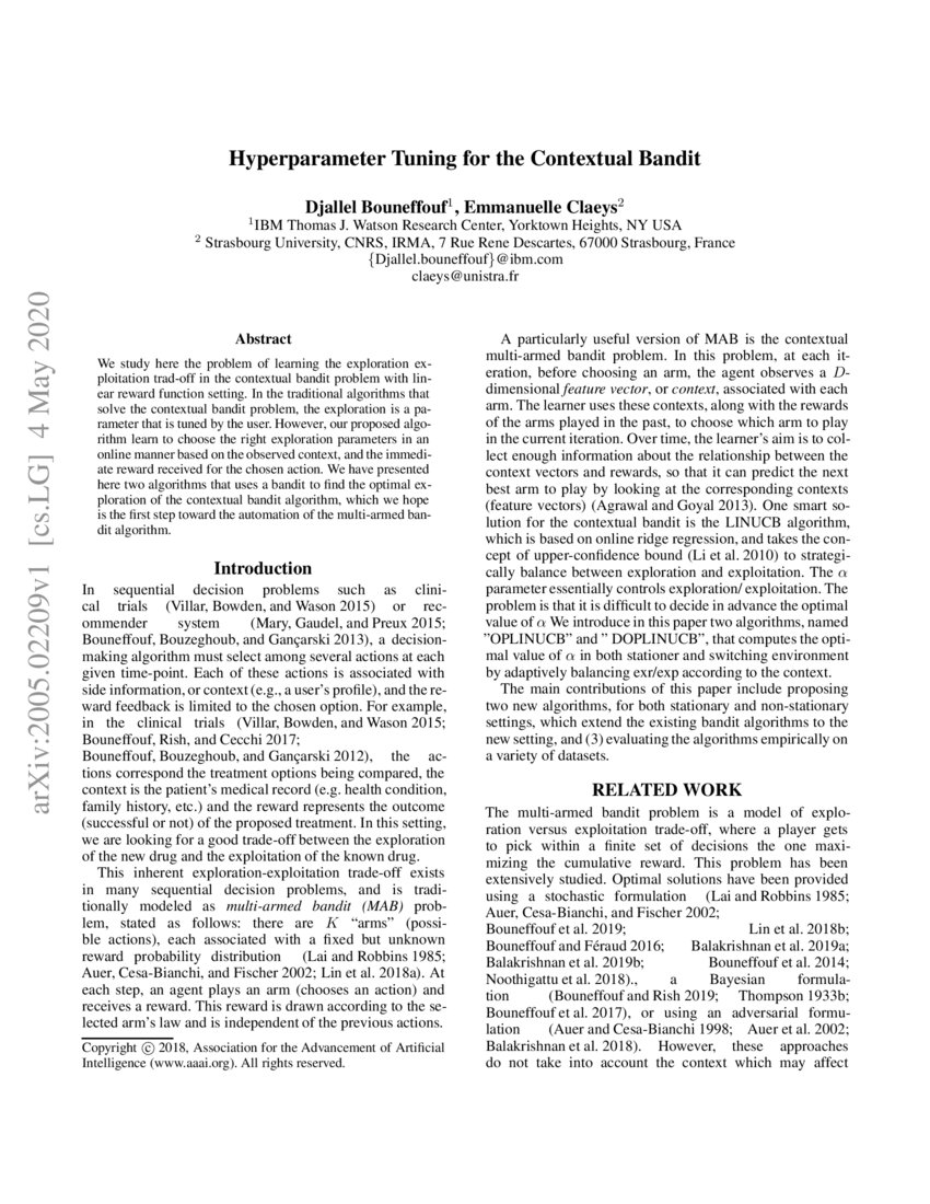 Hyper-parameter Tuning for the Contextual Bandit | DeepAI