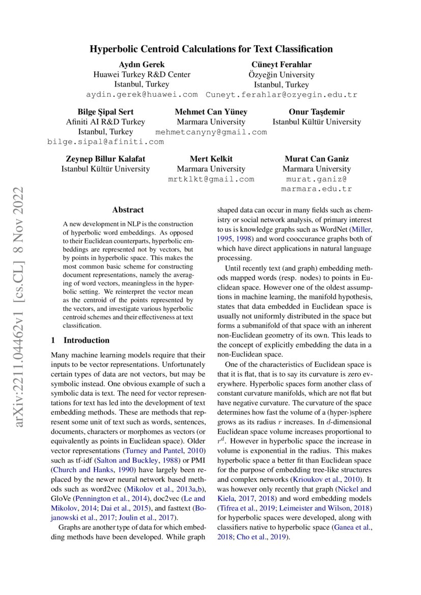 Hyperbolic Centroid Calculations for Text Classification | DeepAI