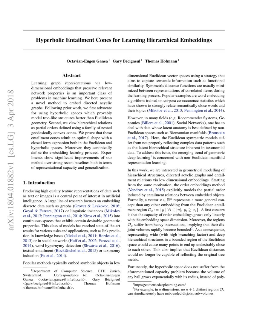 Hyperbolic Entailment Cones for Learning Hierarchical Embeddings | DeepAI