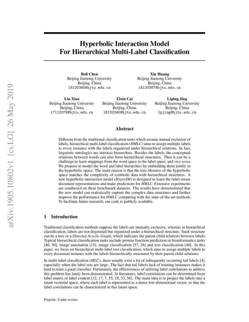 Hyperbolic Interaction Model For Hierarchical Multi-Label Classification | DeepAI