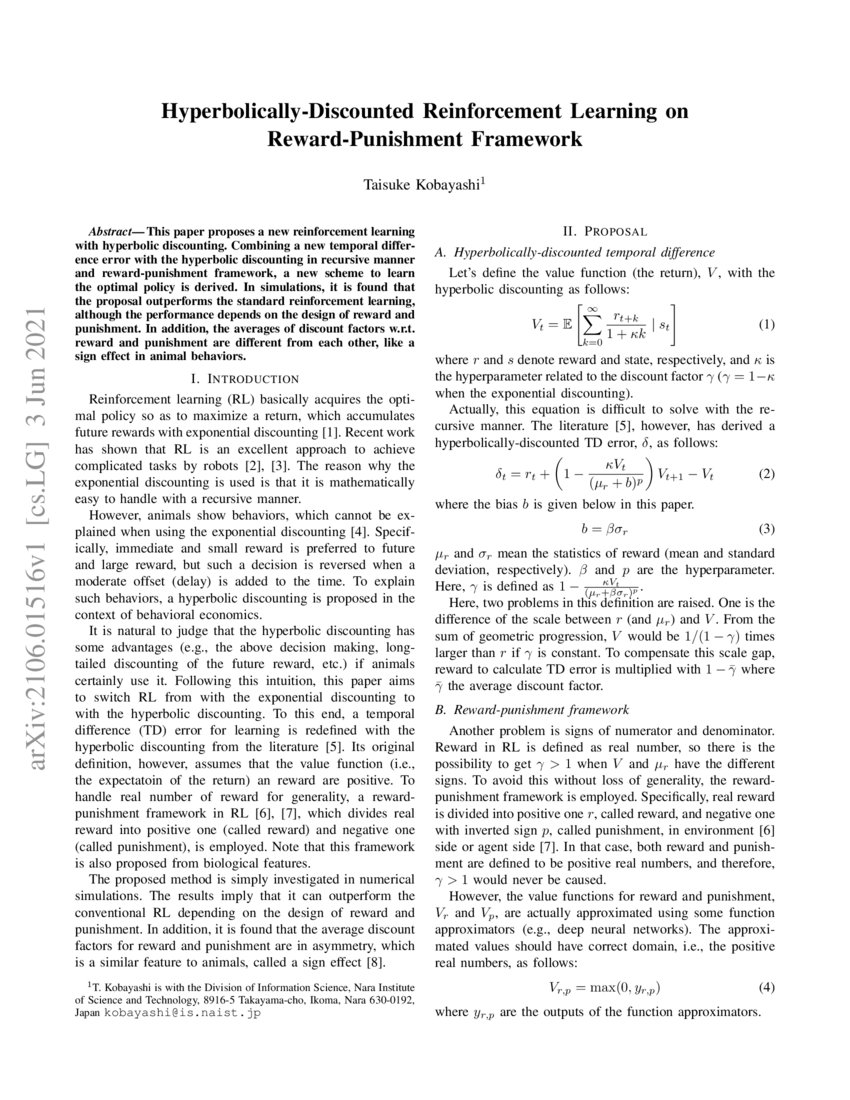 Hyperbolically-Discounted Reinforcement Learning on Reward-Punishment ...