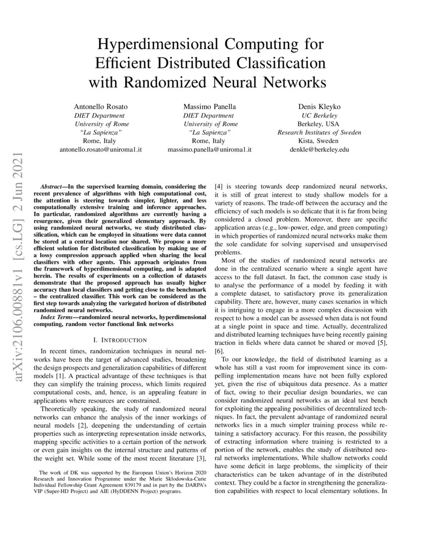 Hyperdimensional Computing For Efficient Distributed Classification With Randomized Neural