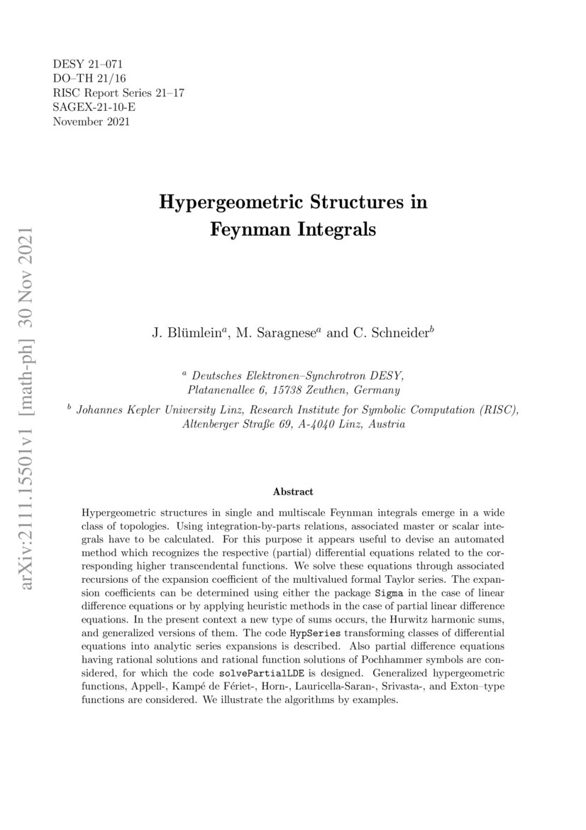 Hypergeometric Structures in Feynman Integrals | DeepAI