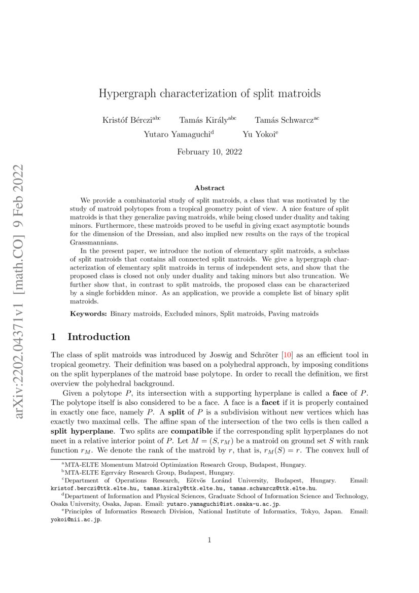 Hypergraph characterization of split matroids | DeepAI