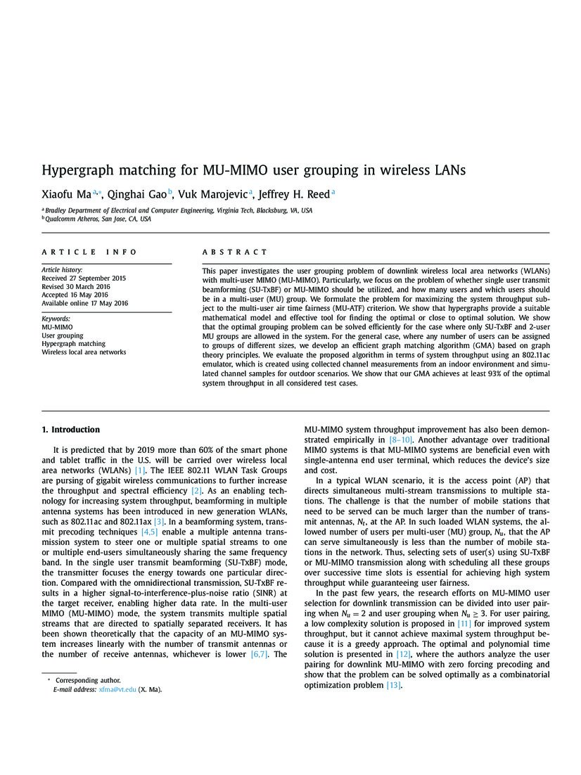 Hypergraph Matching For Mu Mimo User Grouping In Wireless Lans Deepai