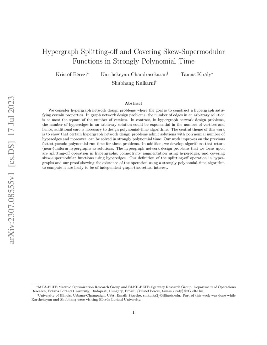 Hypergraph Splitting-off and Covering Skew-Supermodular Functions in Strongly Polynomial Time ...