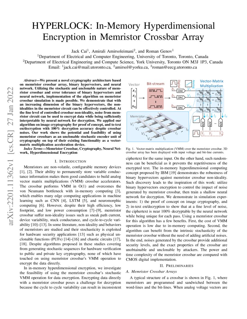 Hyperlock In Memory Hyperdimensional Encryption In Memristor Crossbar