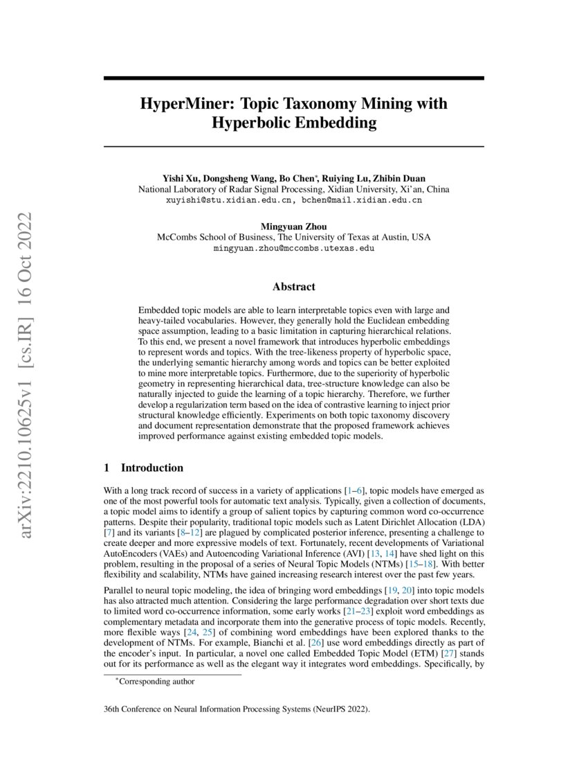 Hyperminer Topic Taxonomy Mining With Hyperbolic Embedding Deepai