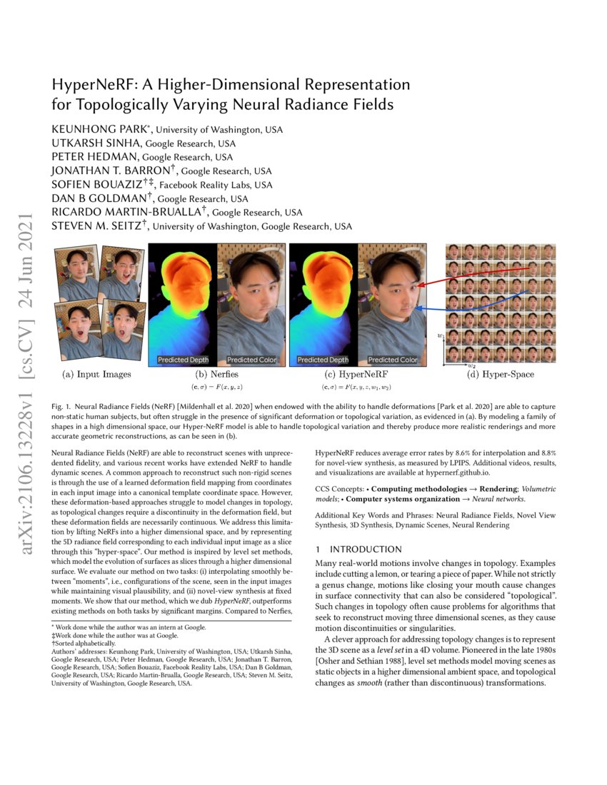 HyperNeRF: A Higher-Dimensional Representation for Topologically Varying Neural Radiance Fields ...