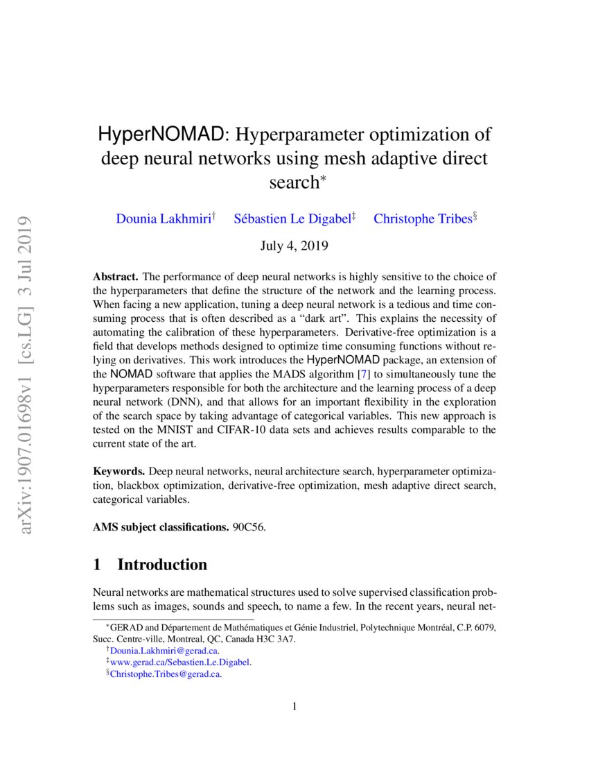 HyperNOMAD: Hyperparameter optimization of deep neural networks using mesh adaptive direct ...