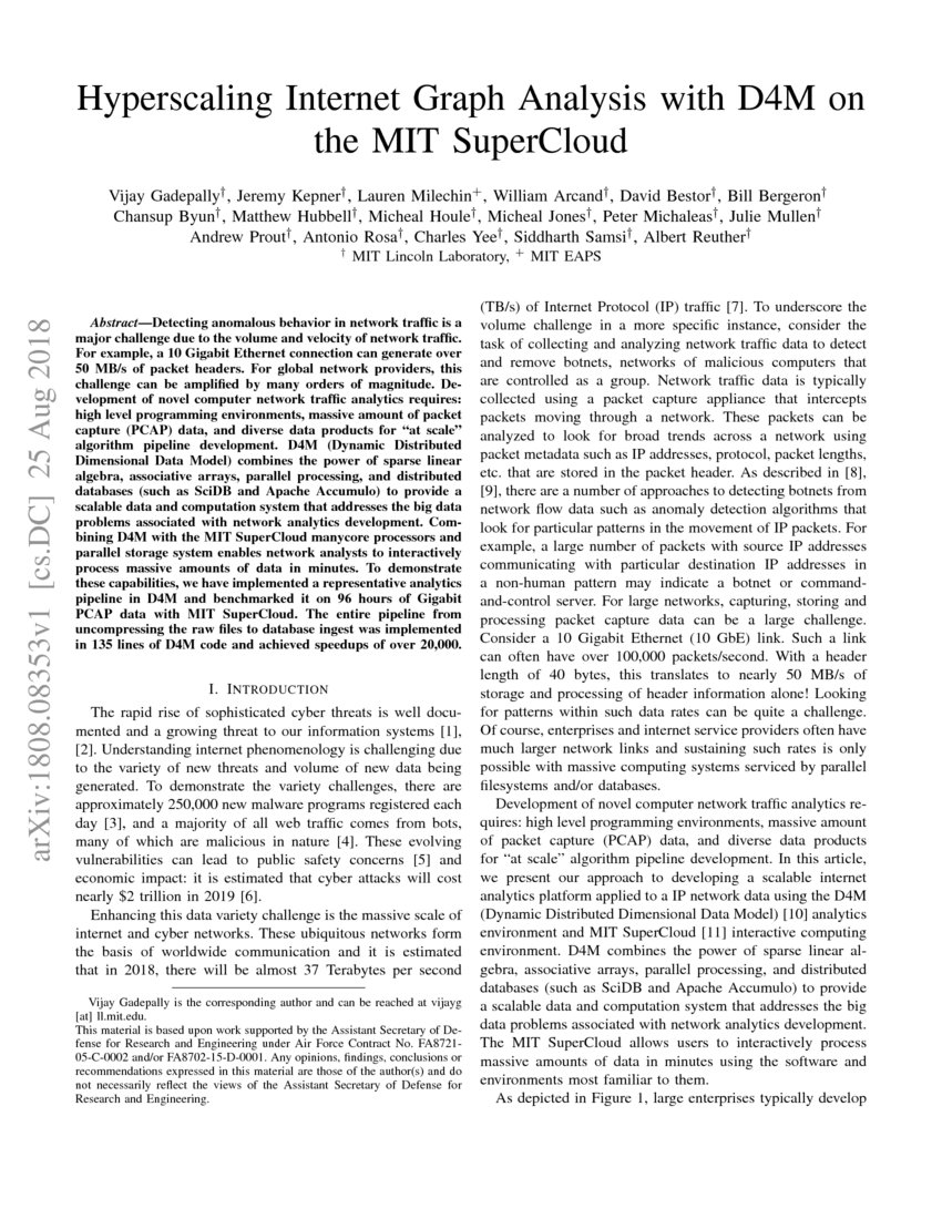 Hyperscaling Internet Graph Analysis with D4M on the MIT SuperCloud | DeepAI