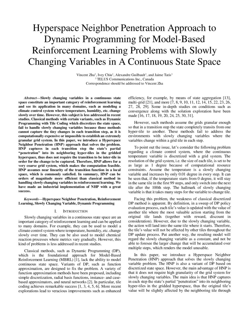Hyperspace Neighbor Penetration Approach To Dynamic Programming For Model Based Reinforcement