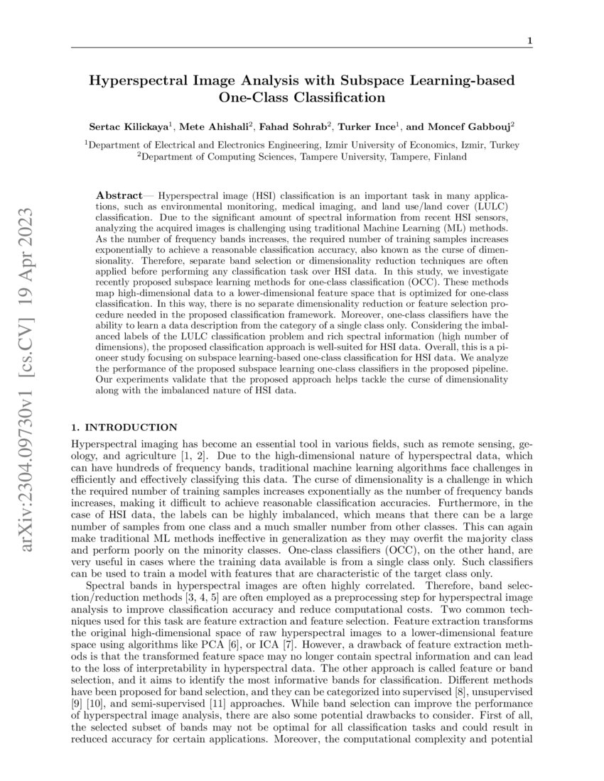 Hyperspectral Image Analysis With Subspace Learning Based One Class