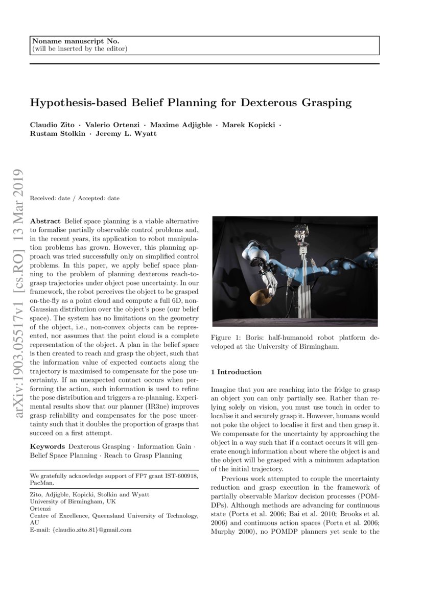 Hypothesis-based Belief Planning for Dexterous Grasping | DeepAI