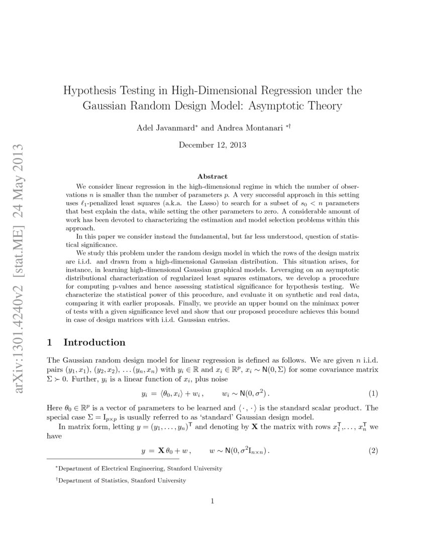 Hypothesis Testing in High-Dimensional Regression under the Gaussian ...