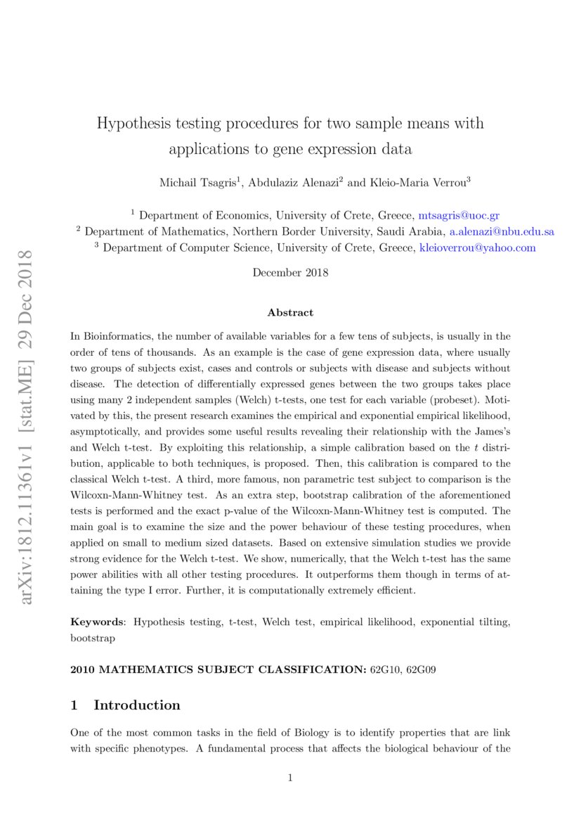 Hypothesis testing procedures for two sample means with applications to ...