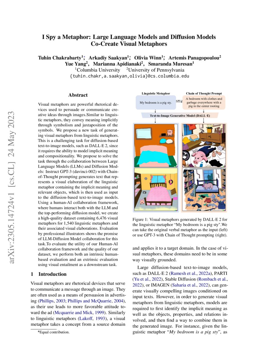 I Spy a Metaphor: Large Language Models and Diffusion Models Co-Create Visual Metaphors | DeepAI