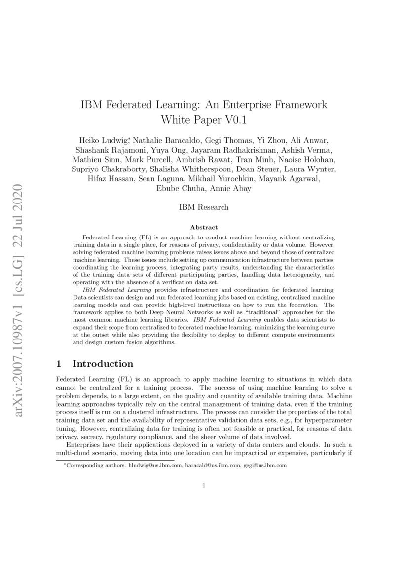 IBM Federated Learning: an Enterprise Framework White Paper V0.1 | DeepAI