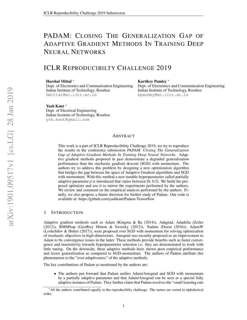 ICLR Reproducibility Challenge Report (Padam : Closing The Generalization Gap Of Adaptive ...