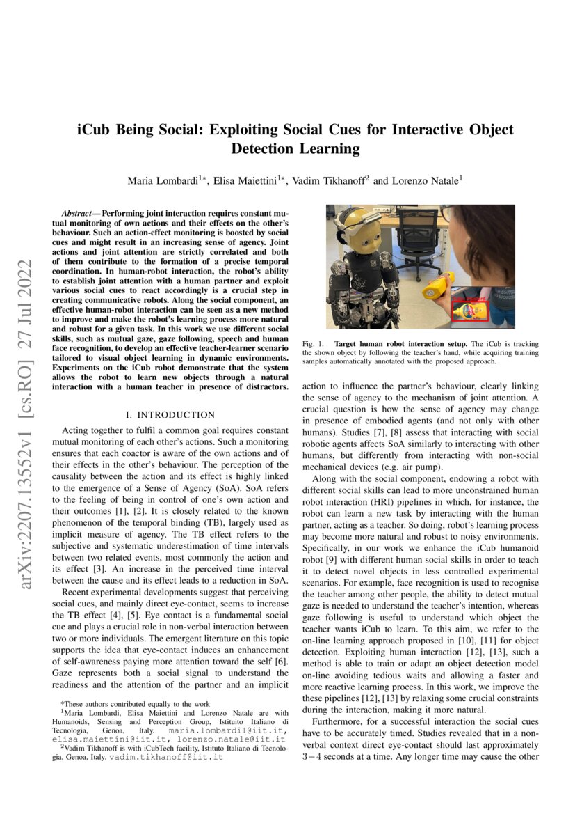 Icub Being Social Exploiting Social Cues For Interactive Object Detection Learning Deepai