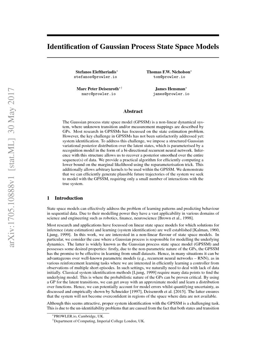 Identification Of Gaussian Process State Space Models Deepai