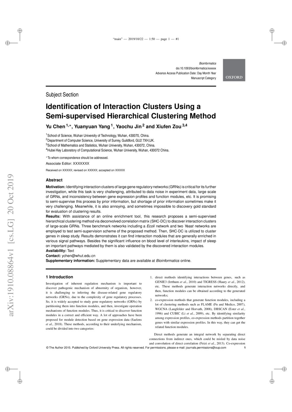 Identification Of Interaction Clusters Using A Semi Supervised Hierarchical Clustering Method