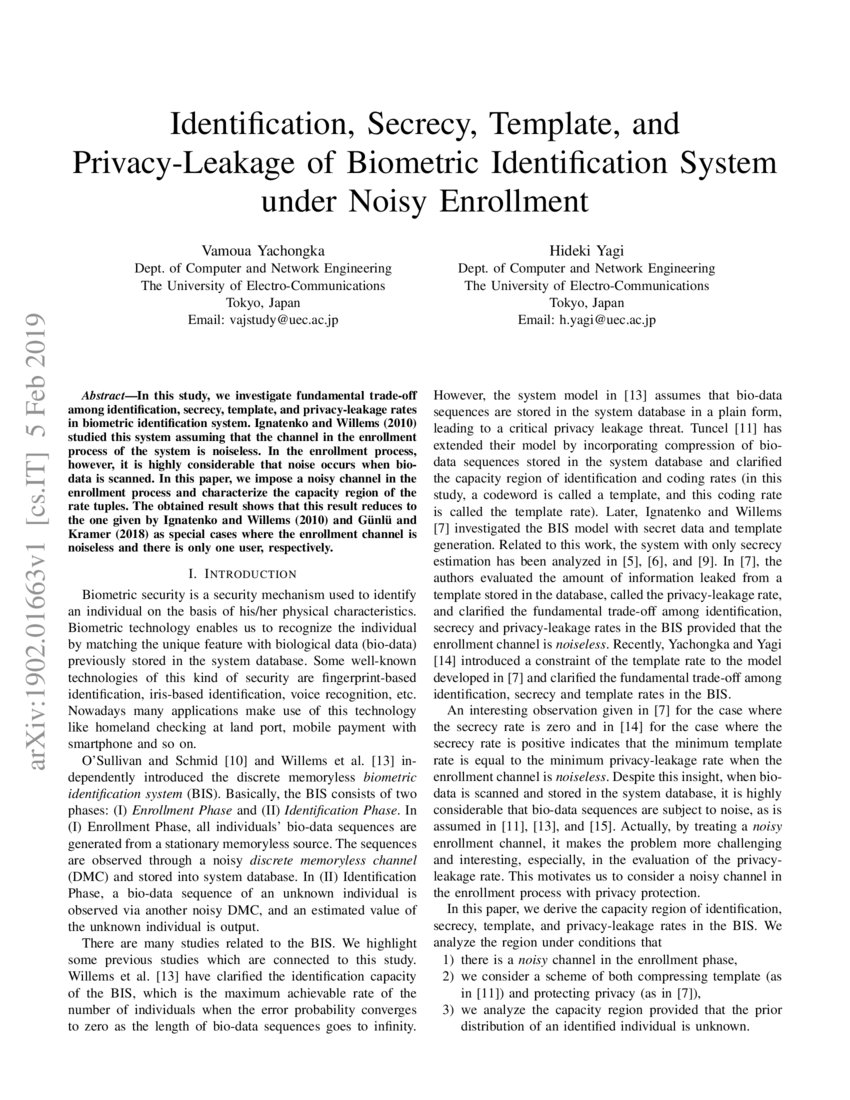 Identification Secrecy Template And Privacy Leakage Of Biometric