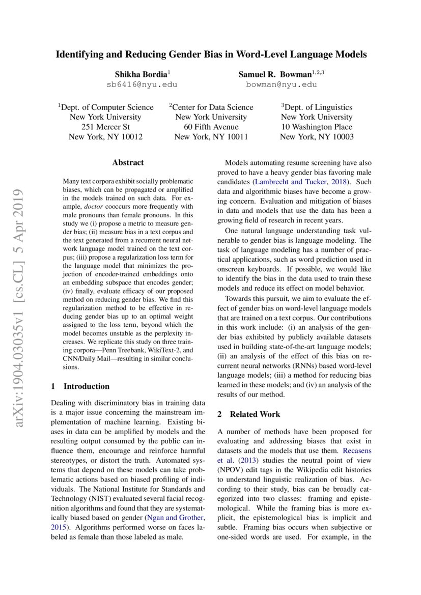 Identifying And Reducing Gender Bias In Word Level Language Models Deepai