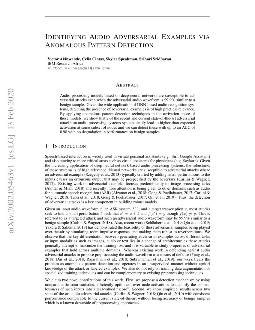 Identifying Audio Adversarial Examples Via Anomalous Pattern Detection Deepai