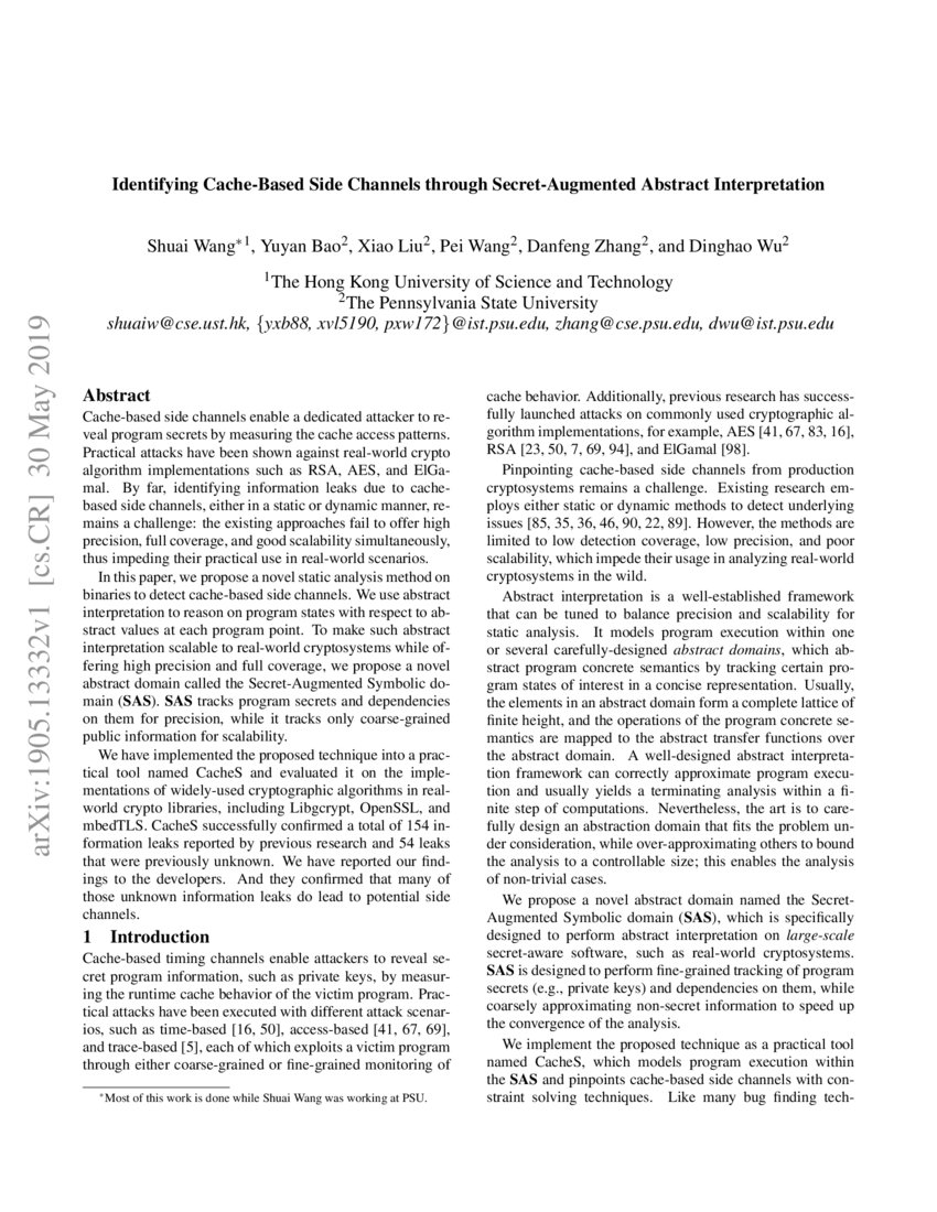 Identifying Cache-Based Side Channels through Secret-Augmented Abstract Interpretation | DeepAI