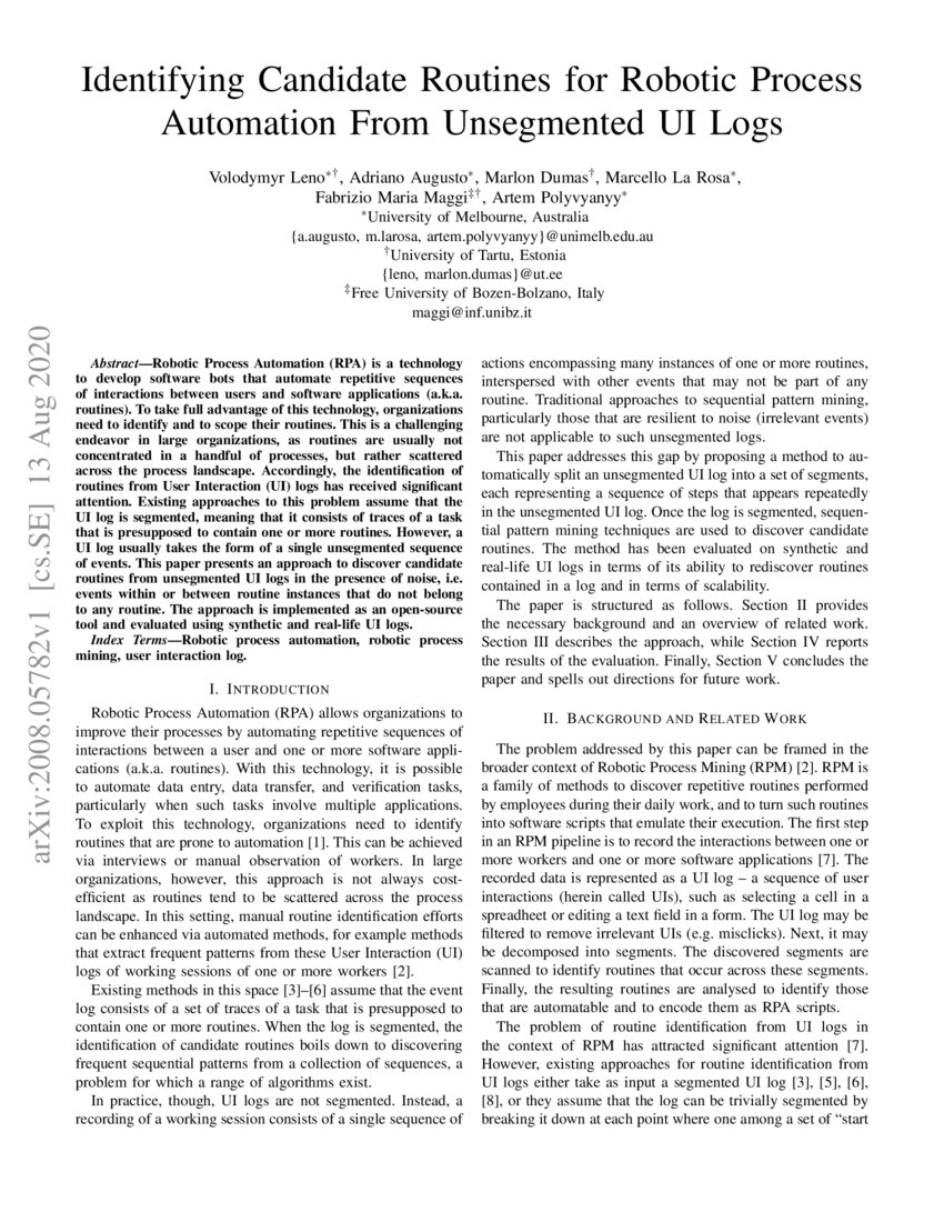Identifying candidate routines for Robotic Process Automation from unsegmented UI logs | DeepAI