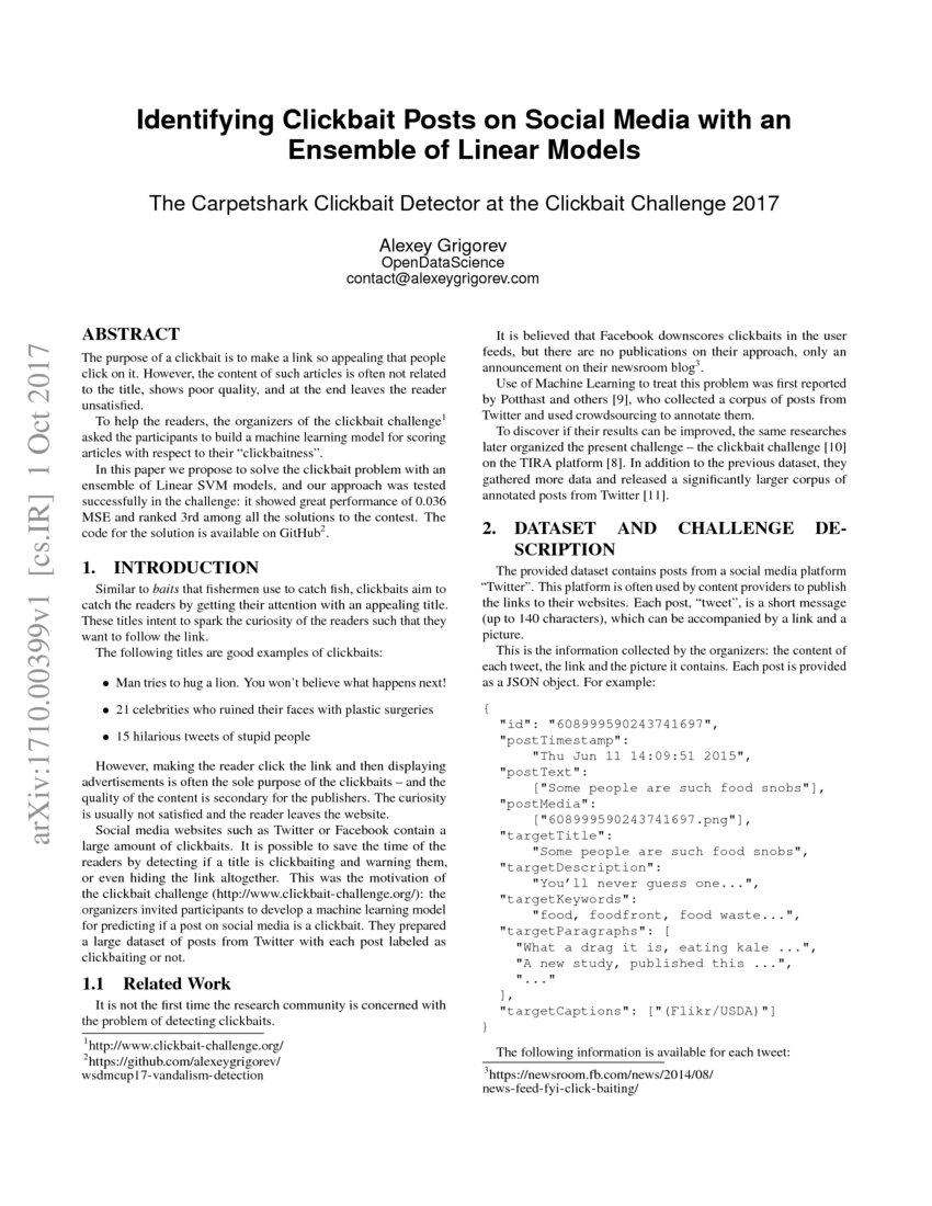 Identifying Clickbait Posts On Social Media With An Ensemble Of Linear