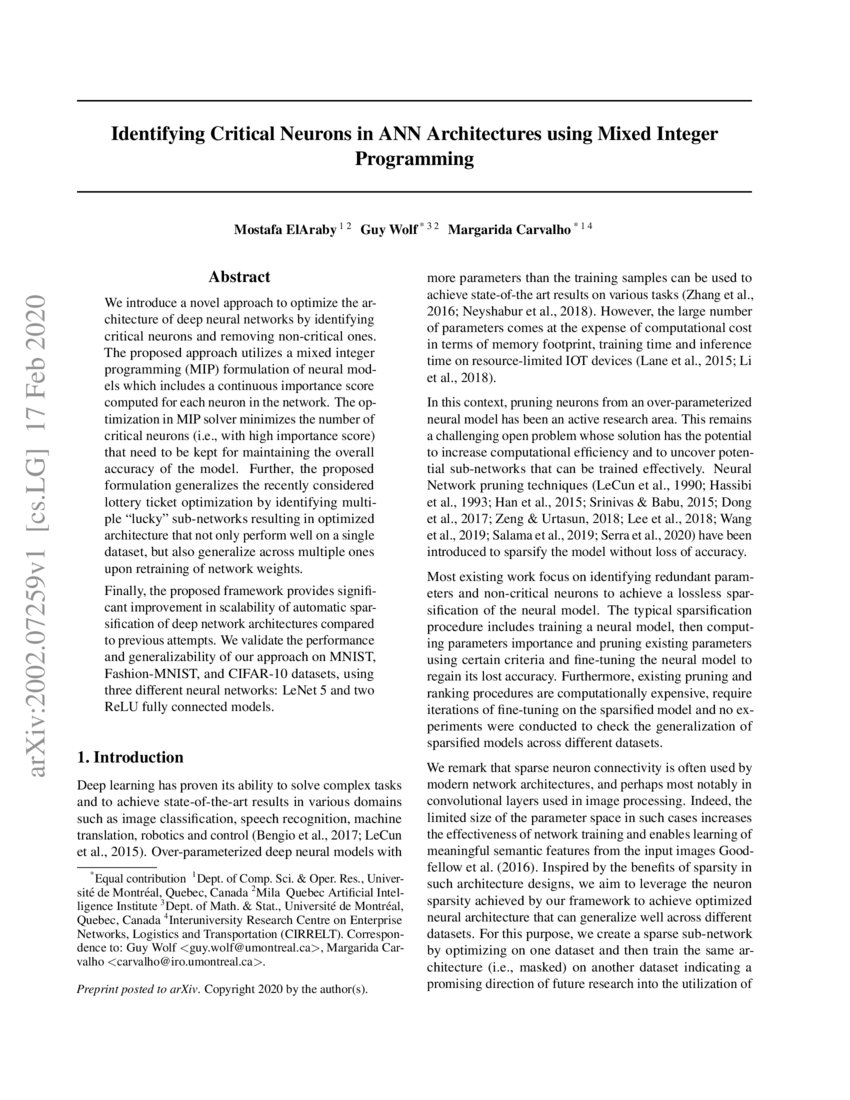 Identifying Critical Neurons In Ann Architectures Using Mixed Integer Programming Deepai