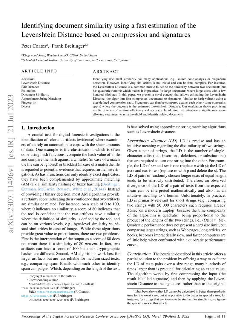 Identifying Document Similarity Using A Fast Estimation Of The Levenshtein Distance Based On