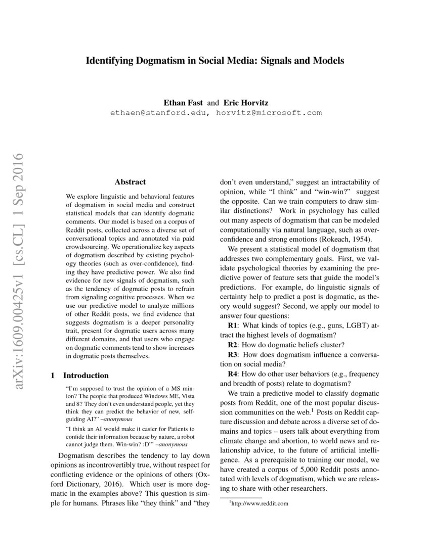 Identifying Dogmatism in Social Media: Signals and Models | DeepAI
