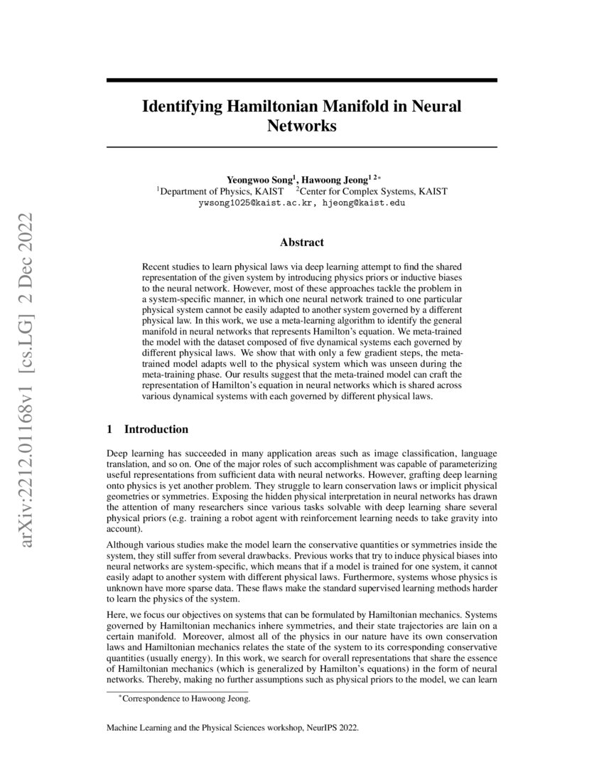 Identifying Hamiltonian manifold in neural networks | DeepAI