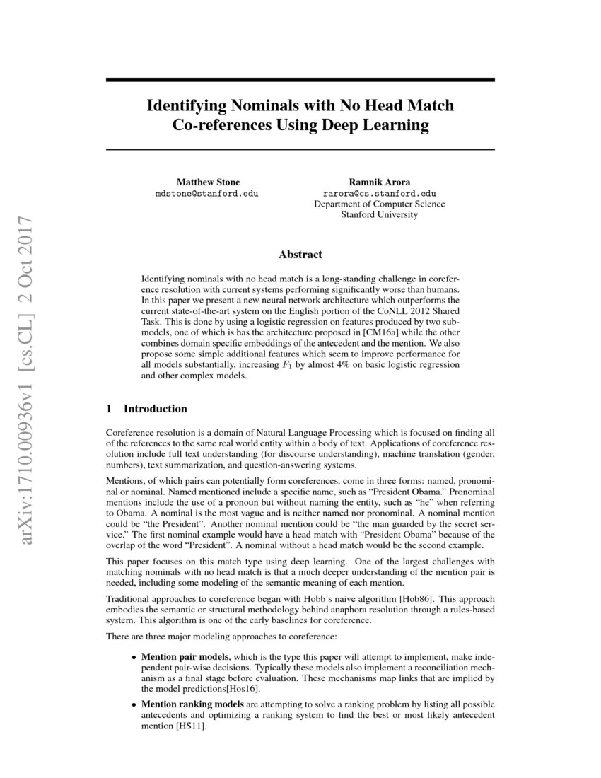 Identifying Nominals with No Head Match Co-references Using Deep ...