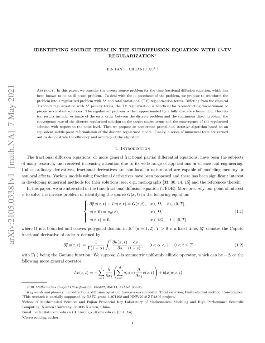 Identifying Source Term In The Subdiffusion Equation With L 2 Tv Regularization Deepai
