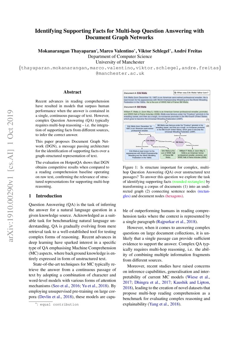Identifying Supporting Facts for Multi-hop Question Answering with Document Graph Networks | DeepAI