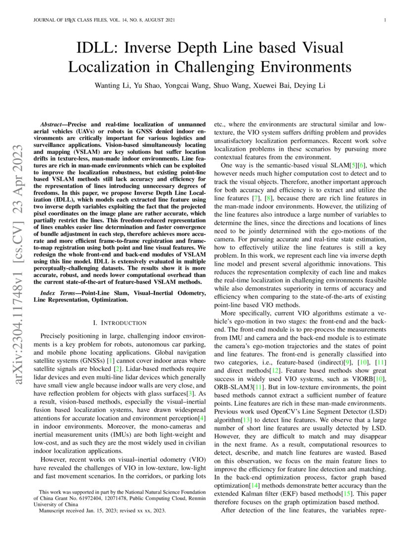 Idll Inverse Depth Line Based Visual Localization In Challenging Environments Deepai