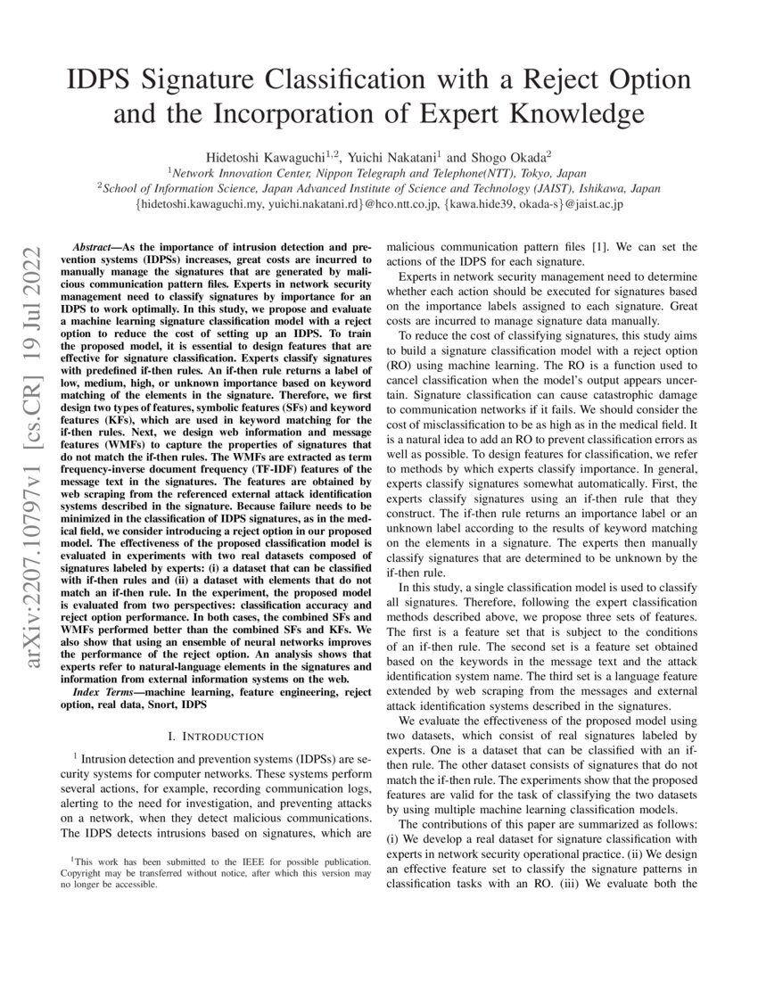 IDPS Signature Classification with a Reject Option and the Incorporation of Expert Knowledge ...